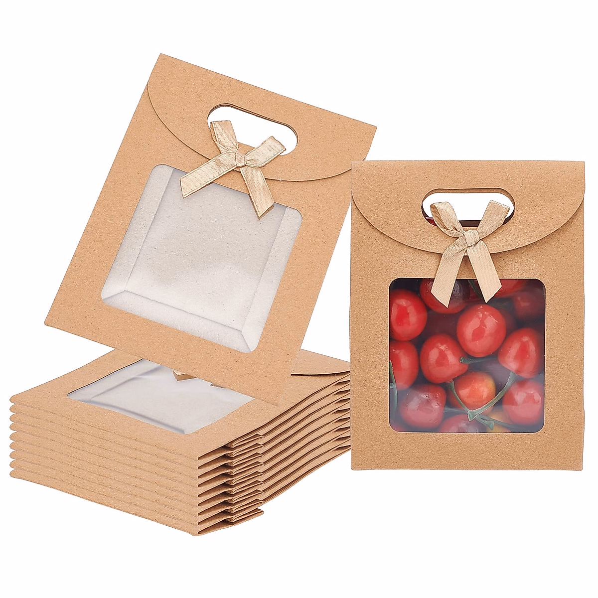 NBEADS 24 Pcs Kraft Paper Bags with Window, 4.7x2.4x6.2" Stand Up Gift Bag With Handles Brown Gift Bag with Clear Window for Candy Cookies Packaging Wedding Christmas Party Store Retail