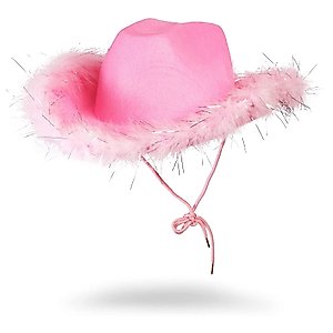 Juvolicious Cowboy Hats for Women and Men - Fluffy, Sparkly Pink Cowgirl Hat with Feathers for Costume, Dress Up Birthday, Party