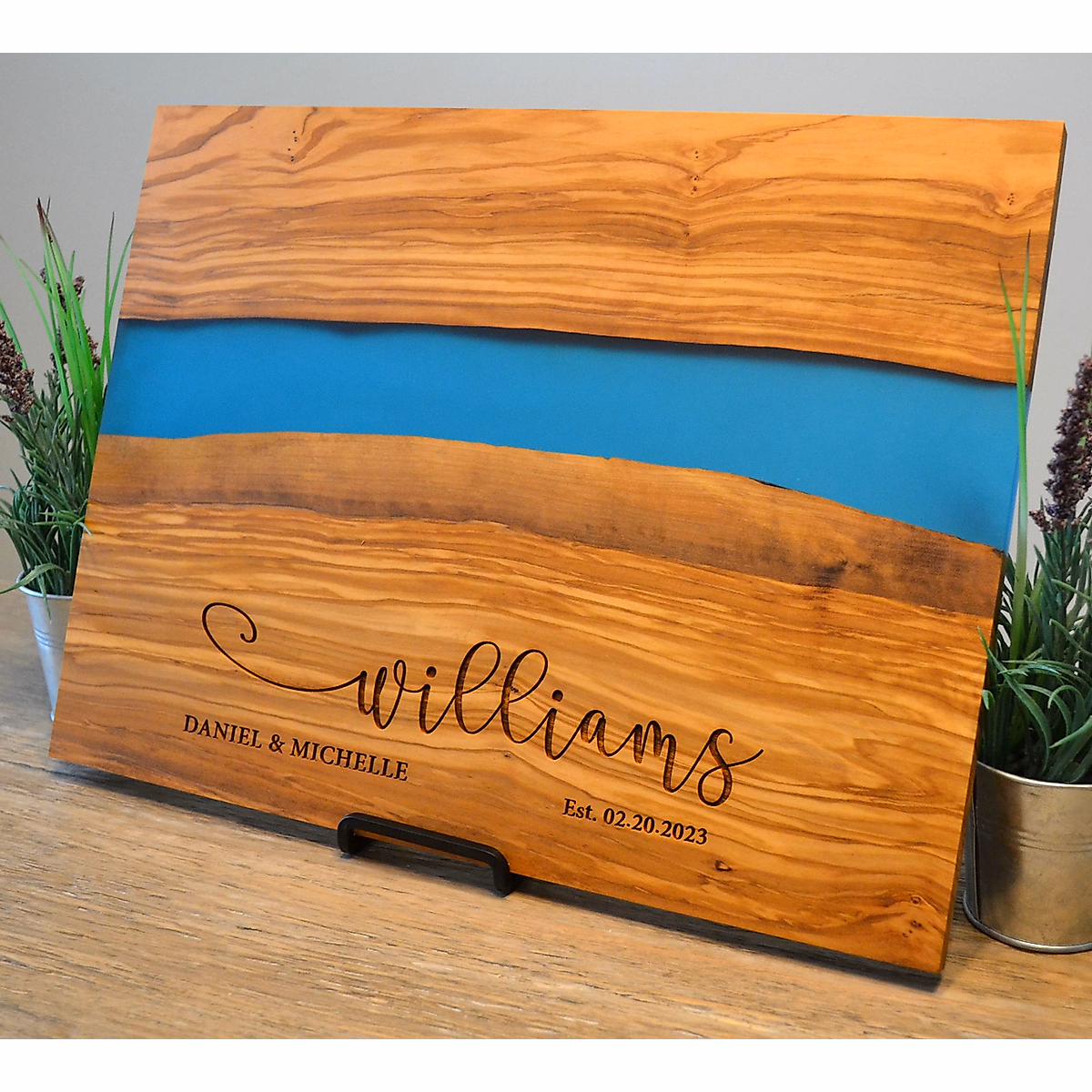 Personalized Cutting Board Wedding Gift Olivewood Blue River Epoxy Live Edge Display Custom Engraved Charcuterie Unique Beautiful Anniversary Newlywed Couple Parents Housewarming (Wedding Anniversary)
