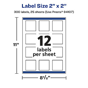 Avery Matte White Square Labels with Sure Feed, 2" x 2", 300 Matte White Printable Labels