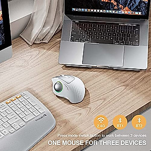 ProtoArc Wireless Bluetooth Trackball Mouse, EM01 2.4G RGB Ergonomic Rechargeable Rollerball Mice, 3 Device Connection&Thumb Control, Compatible for PC, iPad, Mac, Windows-White Silver