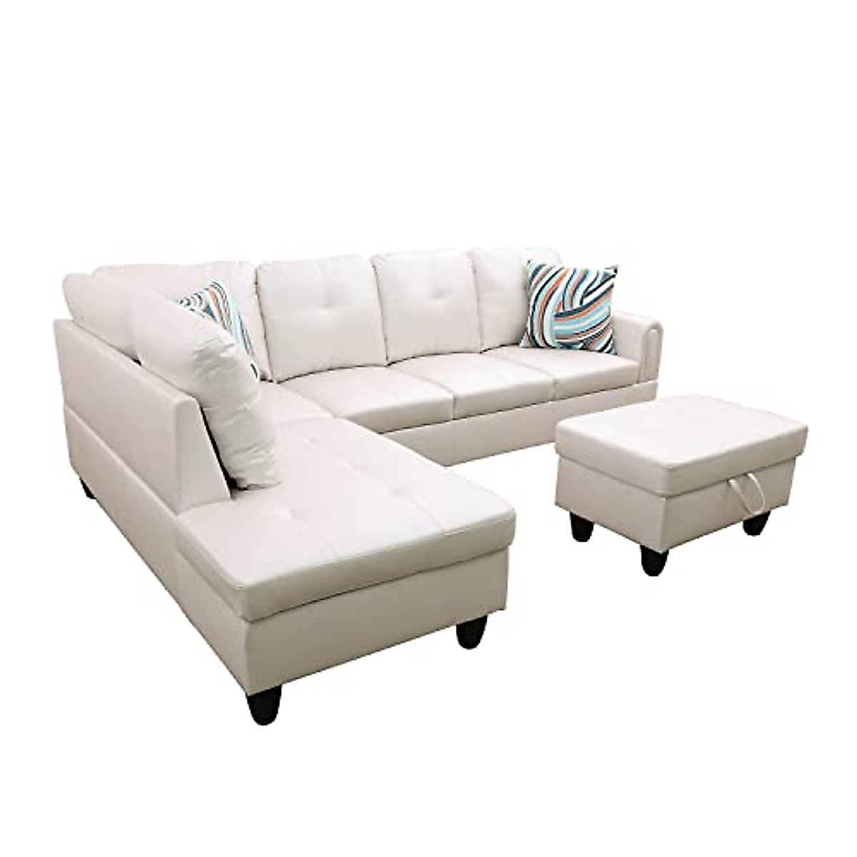 EZLUX Pearl White Faux Leather L-Shaped Left Chaise Sectional Sofa Couch Set with Ottoman for Living Room