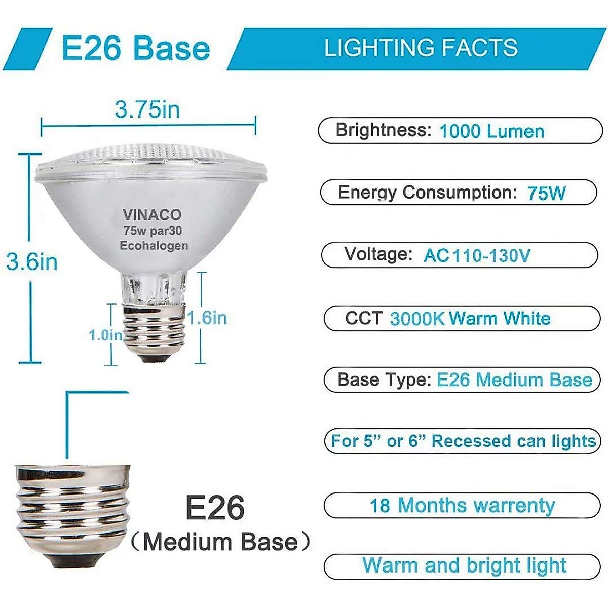 Par30 Short Neck, 6pcs PAR30 75W 120V Halogen Light Bulbs, Dimmable. Premium Quality for Long Lasting Life, E26 Base, 3000K Warm White, par30 Flood Light Great for Accent Lighting, Tracking Light