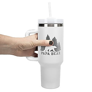 Elanze Designs Papa Bear Forest Trees Dad Grandpa 40 oz. Stainless Steel, Large Water Bottle Coffee Mug, Spill & Leak Resistant, Thermal Travel Tumbler with Handle, Lid & Straw, White