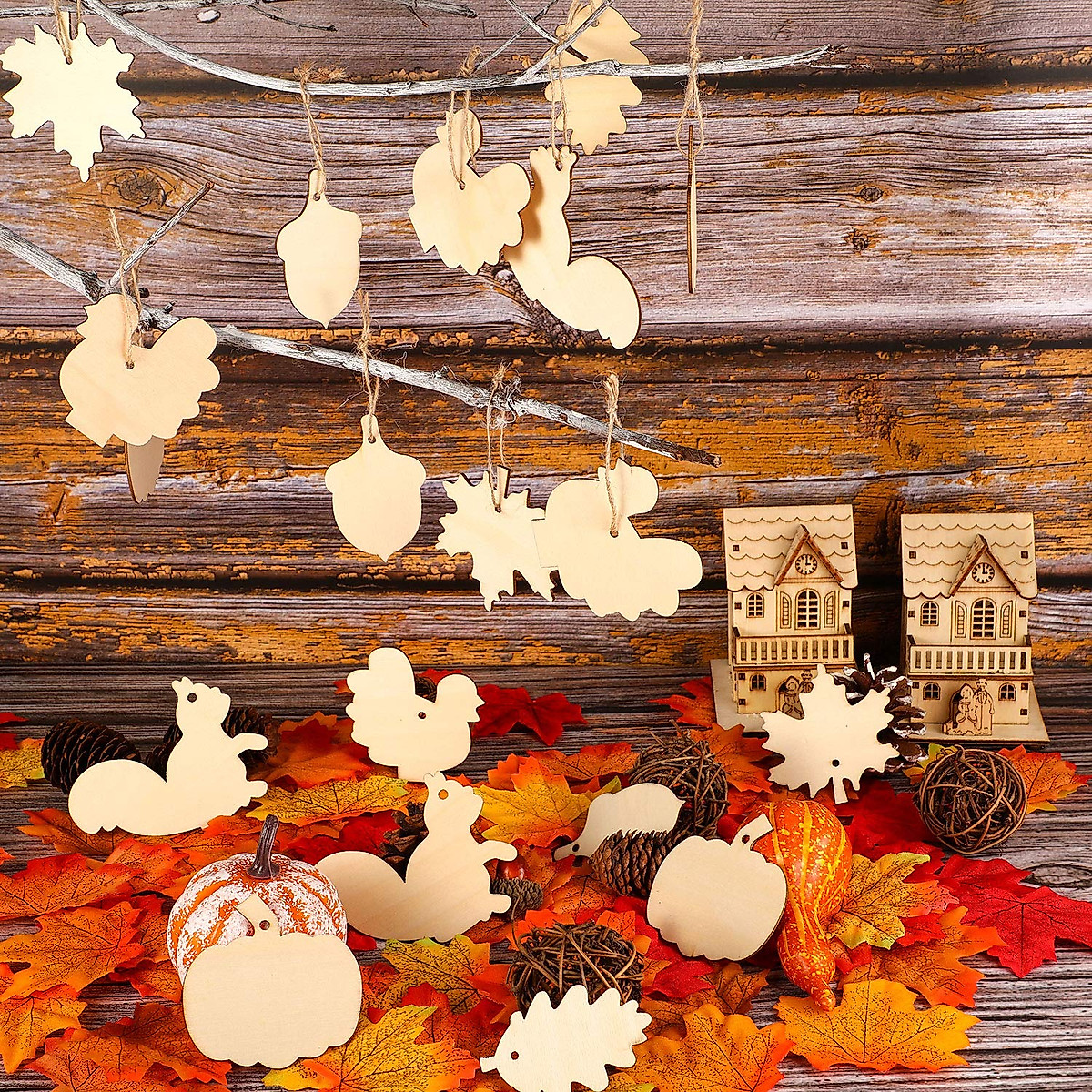 60 Pieces Thanksgiving Unfinished Wooden Ornaments Maple Leaves Pumpkin Wood Cutout Squirrel Acorn Blank Wooden Ornament for Thanksgiving Fall Party DIY Decor Supplies, 6 Styles
