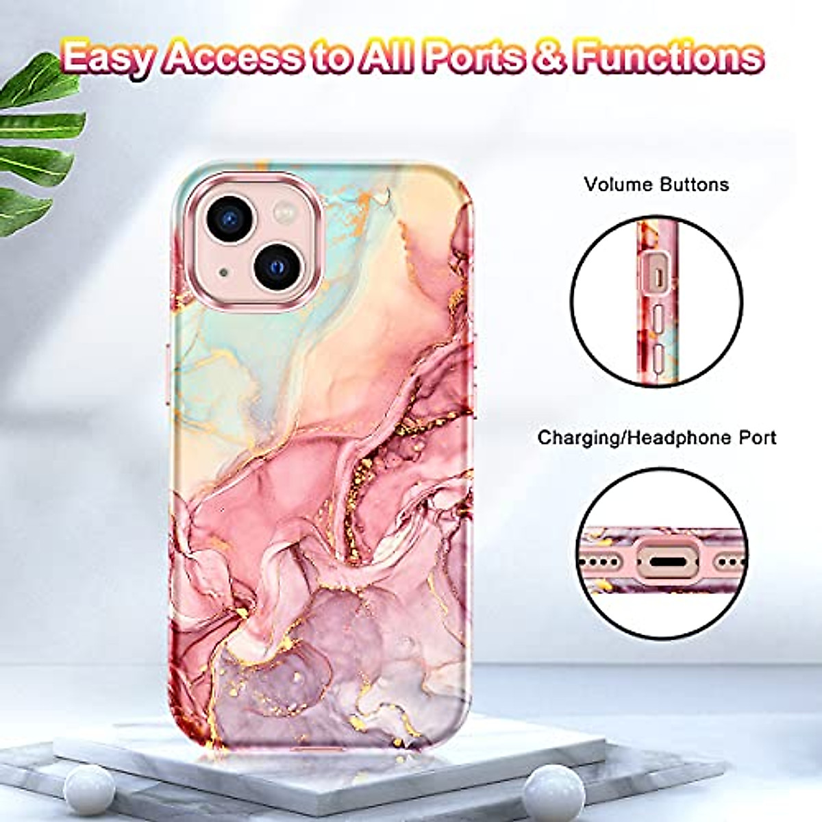 CASEFIV Compatible with iPhone 13 Case, Marble Pattern 3 in 1 Heavy Duty Shockproof Full Body Rugged Hard PC+Soft Silicone Drop Protective Girls Women Cover for iPhone 13 6.1 inch 2021, Rose Gold
