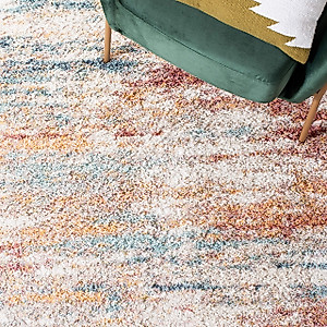 SAFAVIEH Calista Shag Collection 5'5" x 7'7" Beige / Aqua CAL112B Abstract Non-Shedding Living Room Bedroom Dining Room Entryway Plush 1-inch Thick Area Rug