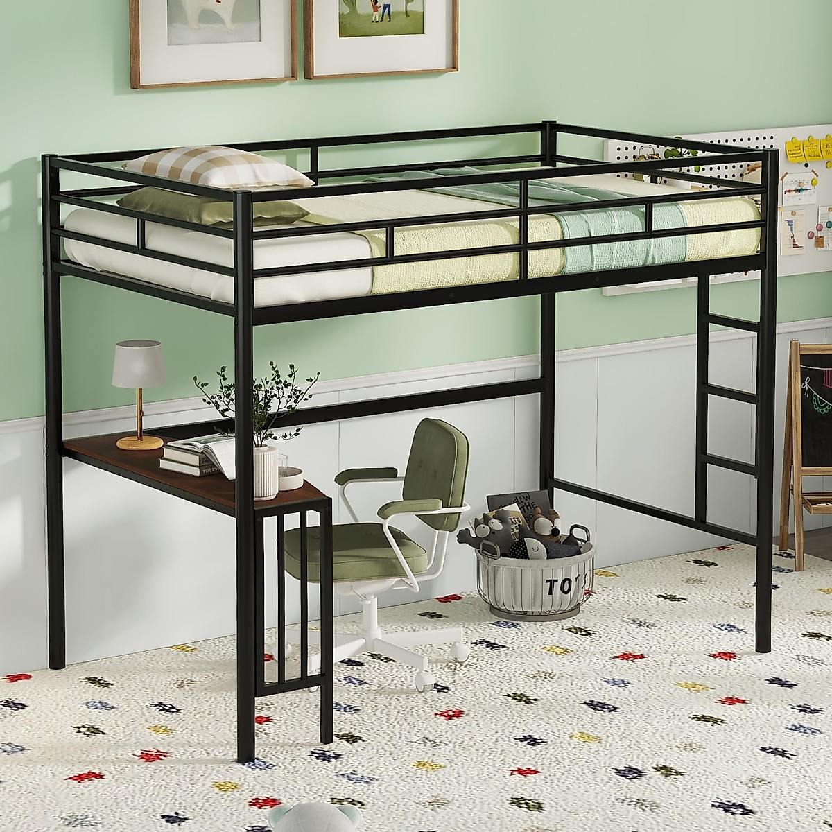 Metal Twin Over Full Bunk Bed Frame with Desk, Loft Platform Mattress Foundation with Steel Slat Support Storage Space