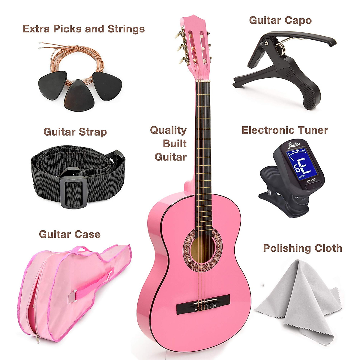 30" Wood Classical Guitar with Case and Accessories for Kids/Girls/Boys/Beginners (Pink)