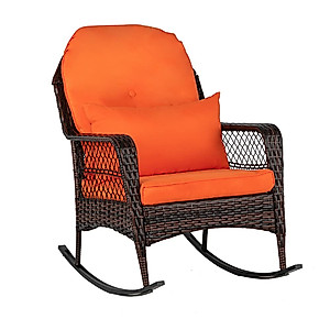 VINGLI Patio Wicker Rocking Chairs with Cushions, Outdoor Rattan Patio Rocker Chairs, Patio Wicker Furniture for Porch Deck Garden Backyard Brown & Orange