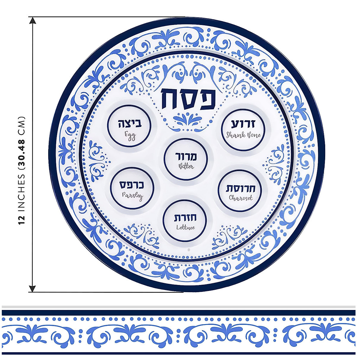 Passover Seder Plates 12" Melamine - 6 Section Plate Marked with Symbolic Pesach Seder Foods - Round Seder Tray for Adults, Children by Zion Judaica - Blue Floral Renaissance Single Passover Plate