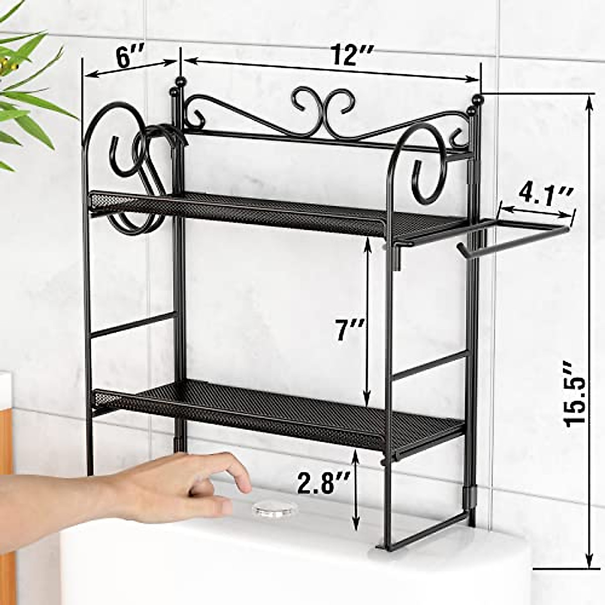 EKNITEY Flolding Over Toilet Storage - No Assembly Bathroom Organizer Shelf Above Toilet Storage Rack with Hooks and Paper Holder 2 Tier Black