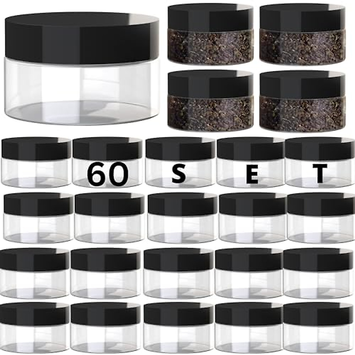 ZAVBE 60 Pack 2oz Plastic Jars with Black Lids BPA Free Small 60 gram Jar Round Clear Refillable storage Slime containers with Airtight Lids for Cosmetics, Sugar Scrub, Body Butters, Beauty Products.