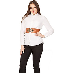 BlackButterfly 3 Inch Wide Waspie Elastic Vintage Buckle Waist Belt (Brown, US 10-12)