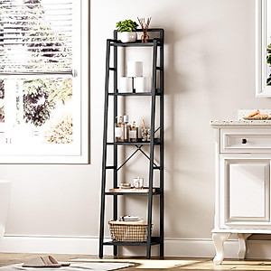 HOOBRO 5-Tier Ladder Shelf, Narrow Bookshelf, Industrial Bookcase, Skinny Bookshelf for Small Spaces, Corner Storage Shelf for Home Office, Living Room, Black BB35SJ01