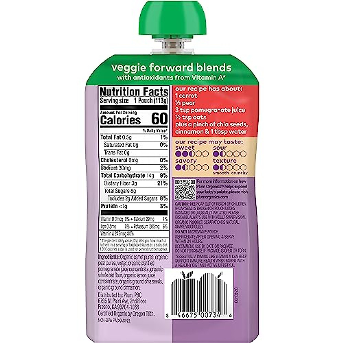 Plum Organics Mighty Immunity Organic Toddler Food - Carrot, Pear, Pomegranate, and Oat - 4 oz Pouch (Pack of 12) - Organic Vegetable Toddler Food Pouch