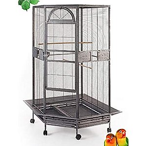 64" Extra Large Corner Flight Bird Parrot Cage for Cockatiel Parakeet Budgies Parrot with Around Metal Seed Skirts, Tight 1/2-Inch Bar Spacing (BlackVein)