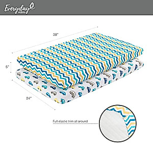 2 Pack n Play Mattress Sheets – 100% Jersey Knit Cotton Soft Portable Crib Mattress Sheets for Boys with Blue, Gray, Yellow Cars and Chevron Design; 2 Pc Playpen Mattress or Mini Crib Sheet Fitted Set