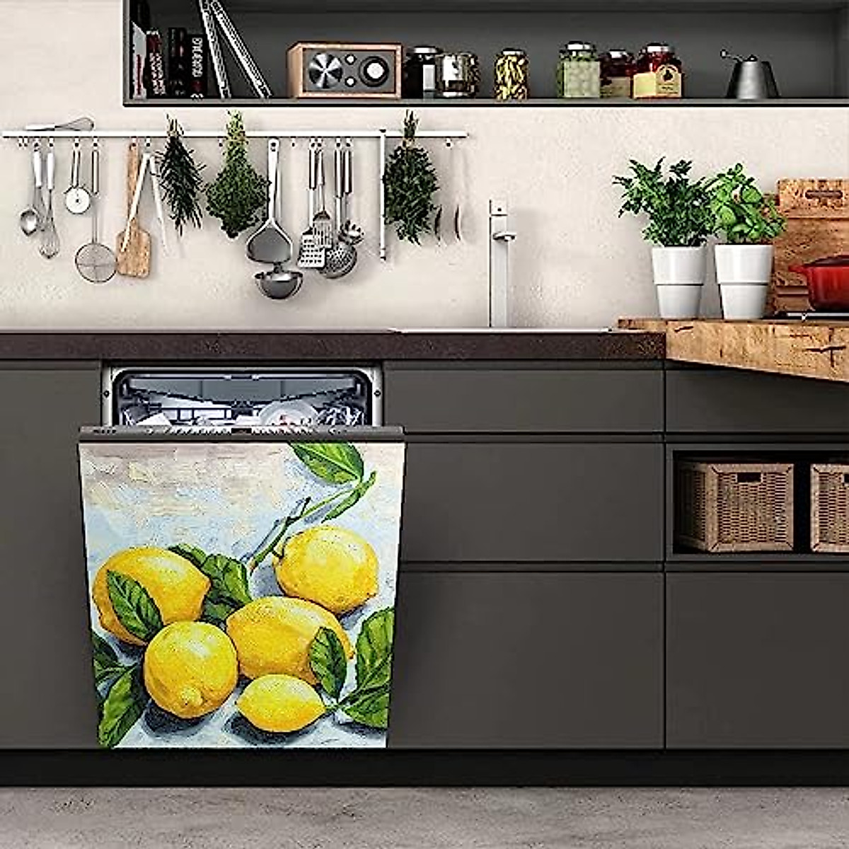 Homa Oil Painting Lemon Decor Dishwasher Magnet Cover Sticker Farmhouse Magnetic Refrigerator Panels Decal Fridge Magnets Stickers 23inch Wx26 H
