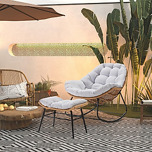 Apepro Wicker Rocking Chair with Footstool,Patio Rocking Chairs with Thickened Cushions,Outdoor Rocking Chair Glider Rocking Chair,Light Grey
