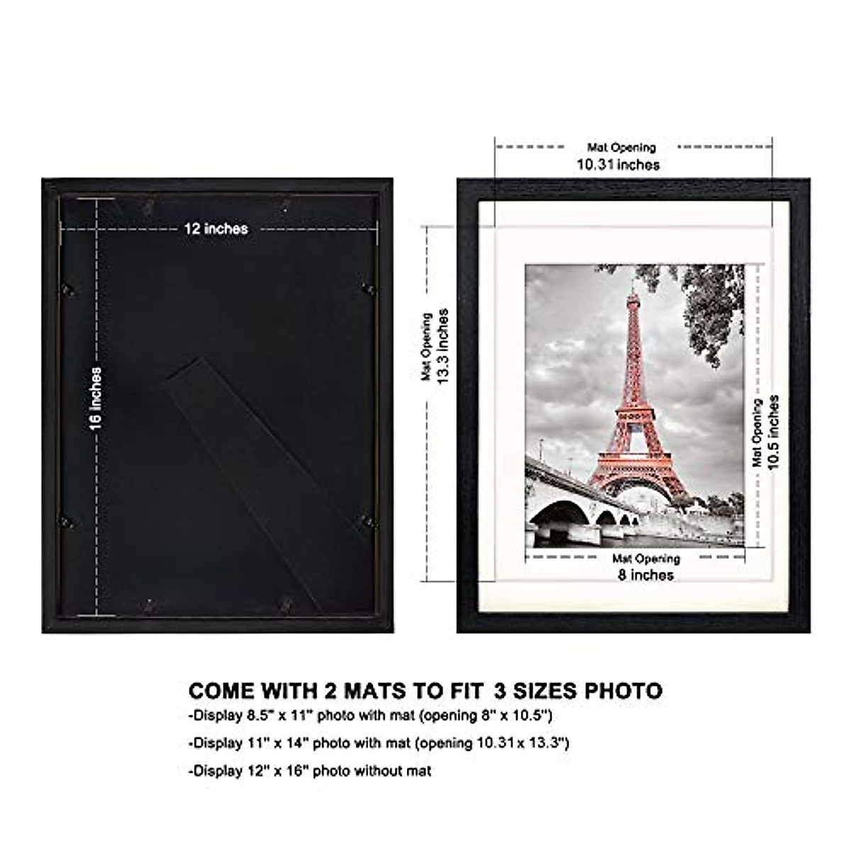 Luxdart 12x16 frames with Mat to Display 11x14 Picture or 8.5x11 photo 12 x 16 Black Solid Wood Picture Frame Wall Art for Living Room Wall Mount and tabletop Decor(2 Mats)