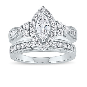 .925 Sterling Silver Cubic Zirconia Marqise Halo Milgrain Engagement Ring with Half-Eternity Wedding Band Bridal Set - Size 7