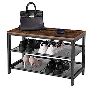 HOOBRO Shoe Bench, 3-Tier Shoe Rack, Industrial Shoe Organizer Storage Bench, 29.5 inches Flat and Slant Adjustable Mesh Shelves, for Entryway, Living Room, Hallway, Rustic Brown BF01HX01