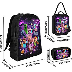 Exuatzs Kids Backpack for School,Game 17.3in Backpack Set for Teens Kids Boys, Lightweight Elementary Middle Bookbag for Students School Bookbag Set with Lunch Box and Pencil Case,3Pcs-A2