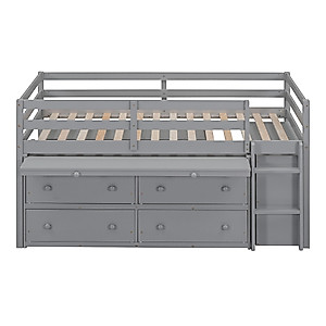 Kids Twin Low Loft Bed with Storage, Twin Size Loft Bed with Portable Desk and 4 Drawers, Wood Twin Loft Bed with Shelves, Modern Farmhouse Junior Loft Bed for Kids Boys Girls, Gray