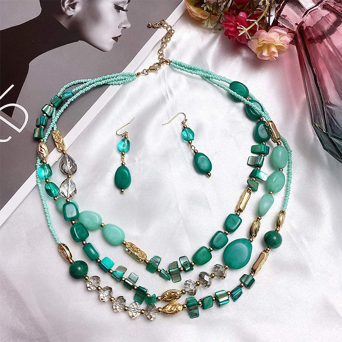 COIRIS Multi Layer Shell Beaded Statement Necklace for Women Jewelry (N0001-Teal)