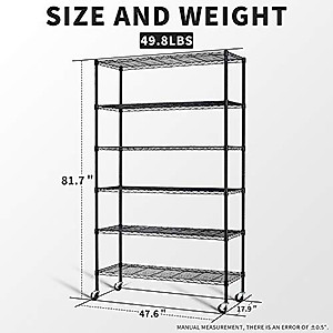 HCY 6-Tier Storage Shelf Shelving Unit Rolling Shelves Heavy Duty Metal Rack 82''x48''x18'' NSF Height Adjustable with Wheels for Garage Kitchen Pantry Organization 2100 LBS Capacity, HY-WS-776-BLACK