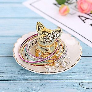 Lependor Dog Ceramic Jewelry Tray Ring Holder Trinket Dish Necklace Earrings Rings Jewelry Organizer Display Jewelry Trinket Holder Home Decoration - Gold Bulldog