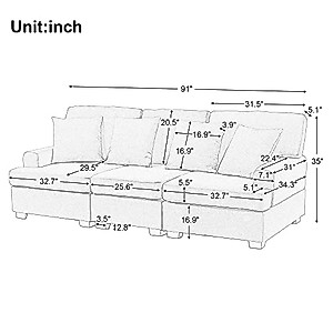 LUMISOL 91" Contemporary Deep Seat Sofa, Linen Fabric 3 Seater Sofa with Track Arms, Modern Sofa Couch with Pillows for Living Room, Bedroom, Small Apartment (Gray)