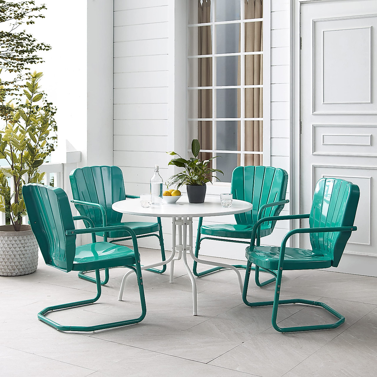 Crosley Furniture Ridgeland 5-Piece Outdoor Dining Set for 4, Retro Metal Round Patio Table and Chairs, Turquoise Gloss