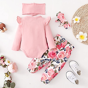 SUNNY PIGGY Baby Girl Clothes Newborn Outfit Infant Winter Fall Letter Print Flower Pants Set Long Sleeve Romper Baby Girl's Clothing with Headband 3-6 Months Pink 4PCS