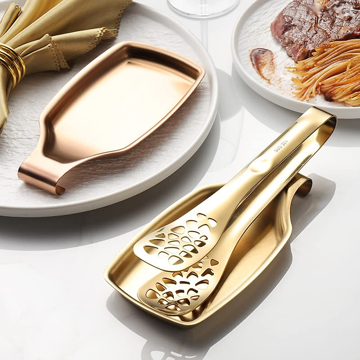 Spoon Rest for Stove Top, 2-Piece Stainless Steel Spoon Holder for Kitchen Counter, Gold Spatula Ladle Cooking Utensils Rest, Heavy Duty & Large Size, Dishwasher Safe