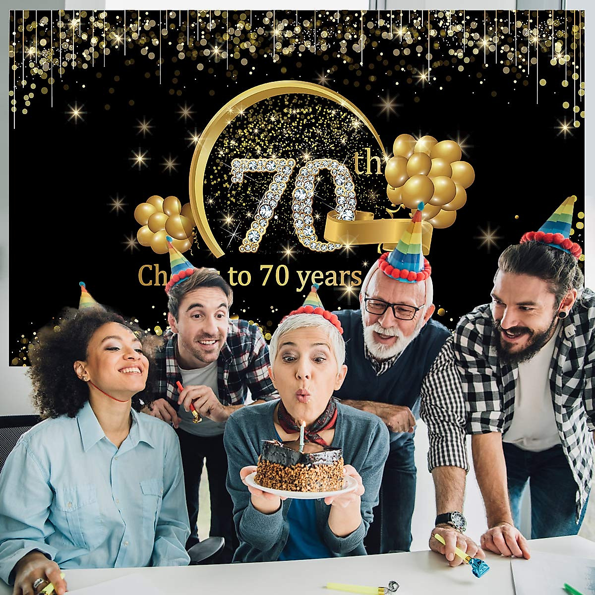 Kauayurk 70th Birthday Banner Backdrop Decorations & Balloon Garland Arch Kit for Men Women, Gold Extra Large Cheers to 70 Years Birthday Party Supplies, Seventy Birthday Poster Photo Booth