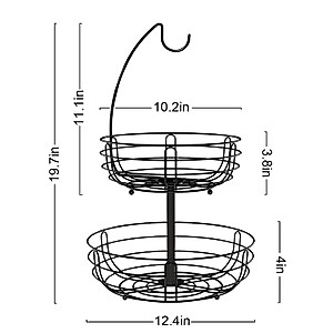 Bextcok 2 Tier Fruit Basket, Vegetables Fruit Bowl Storage with Banana Holder Hanger Hook Stand Organizer for Kitchen Countertop Counter, Black