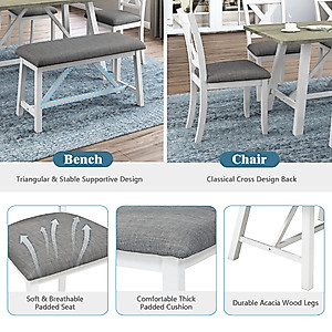 6 Piece Dining Table Set, Wood Dining Dinette Table and 4 Chairs with 1 Bench with Cushion, Rustic Style Kitchen Table Set for 6 Persons, White with Gray