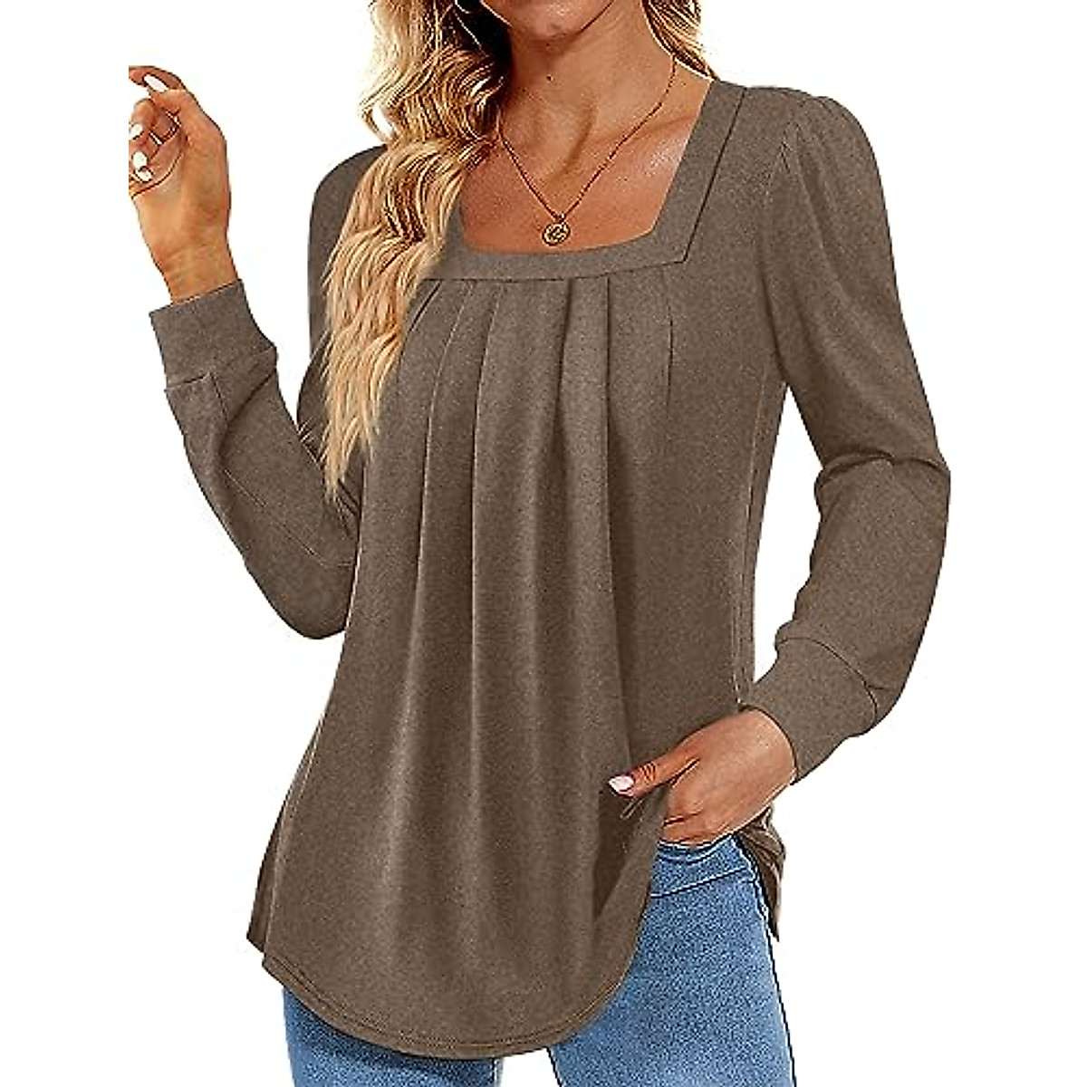 Funlingo Long Sleeve Shirts for Women Trendy Casual Tops Solid Color Elegant Business Blouses Coffee L