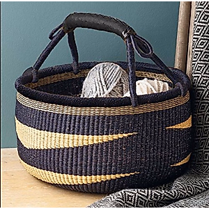 Large African Basket | Round Bolga Basket | Ghana Basket | Plant Pot| Shopper or Market Basket | Picnic | Woven Basket | Toy Storage | Magazine Storage | Colors: Navy Blue & Tan (Large: 14"-16)