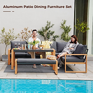 Grand patio 4-Piece Aluminum Patio Furniture Set, L Shaped Outdoor Sectional Couch with Dining Table and Bench, Modern Outdoor Conversation Corner Sofa with Chaise, Faux Wood Grain Finish