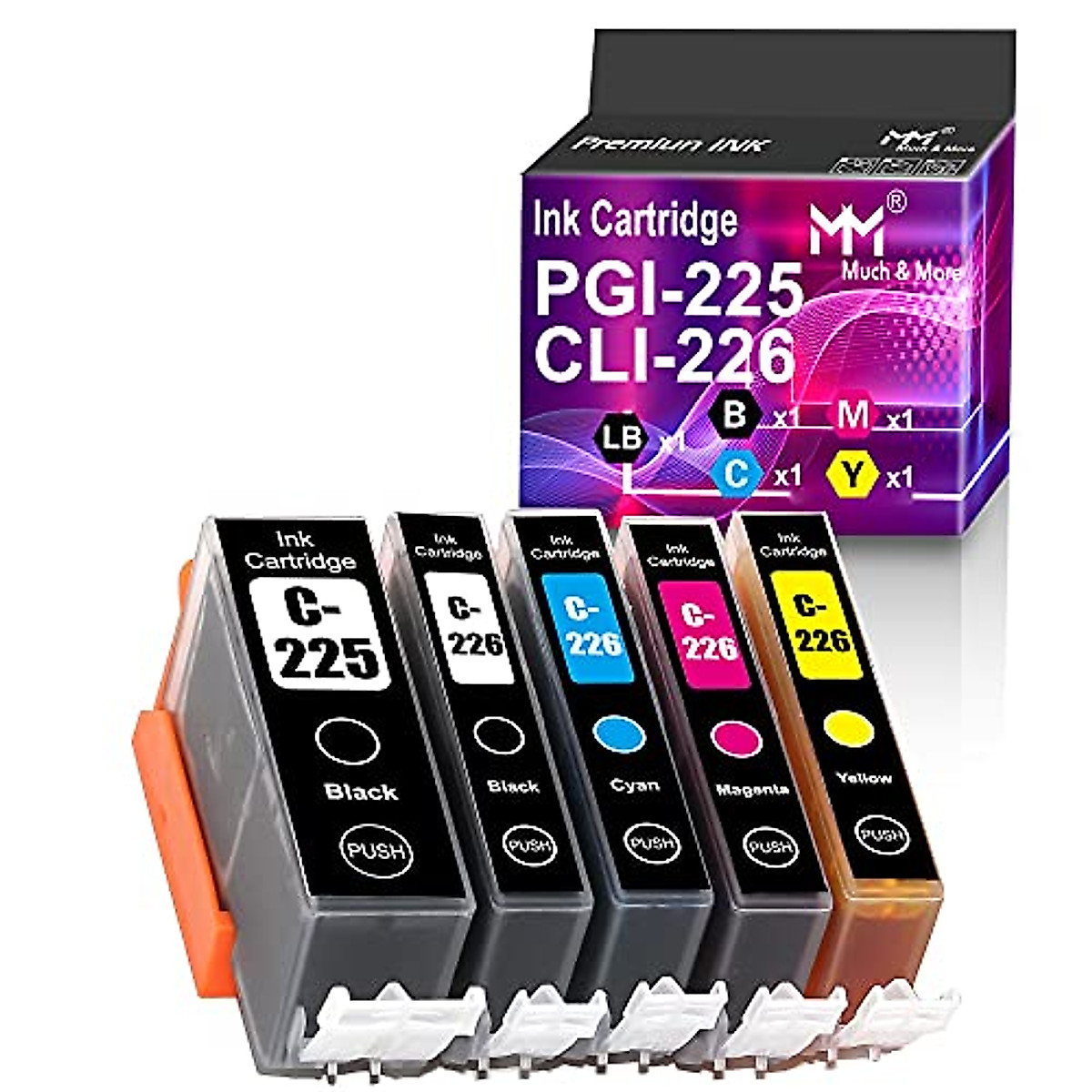 5-Pack (Large Black, Small Black, Cyan, Magenta, Yellow) Compatible PGI225 CLI226 PGI-225 CLI-226 Ink Cartridge Used for PIXMA MG5220 MG6120 MG5320 MX882 MX712 IP4920 Printer, by MuchMore