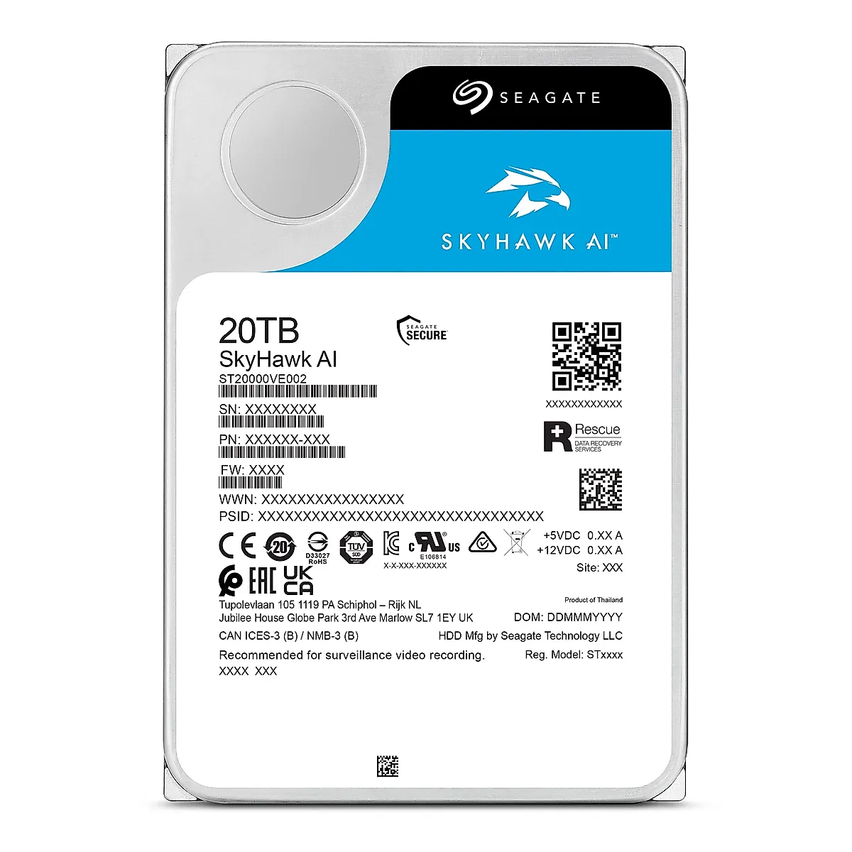 Seagate Skyhawk AI 20TB Video Internal Hard Drive HDD – 3.5 Inch SATA 6Gb/s 256MB Cache for DVR NVR Security Camera System with in-House Rescue Services (ST20000VEZ02/002)