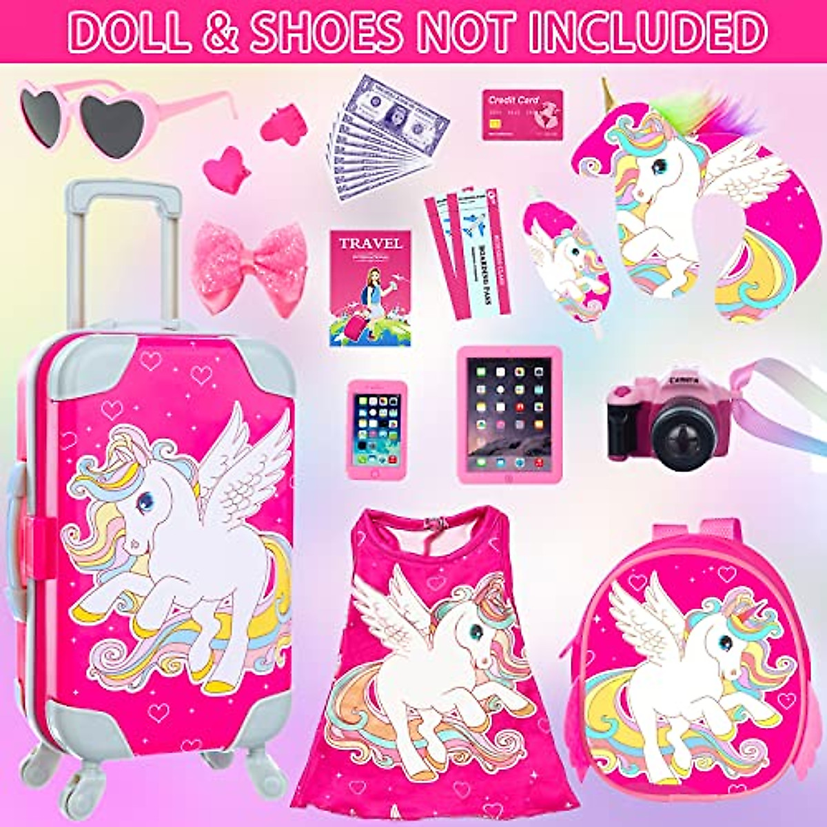 UNICORN ELEMENT 15Pcs 18 Inch Girl Doll Clothes and Accessories, Travel Suitcase with Unicorn Luggage Play Set Including Suitcase, Schoolbag, U-Shaped Pillow, Glasses, Camera, etc (Not Doll)