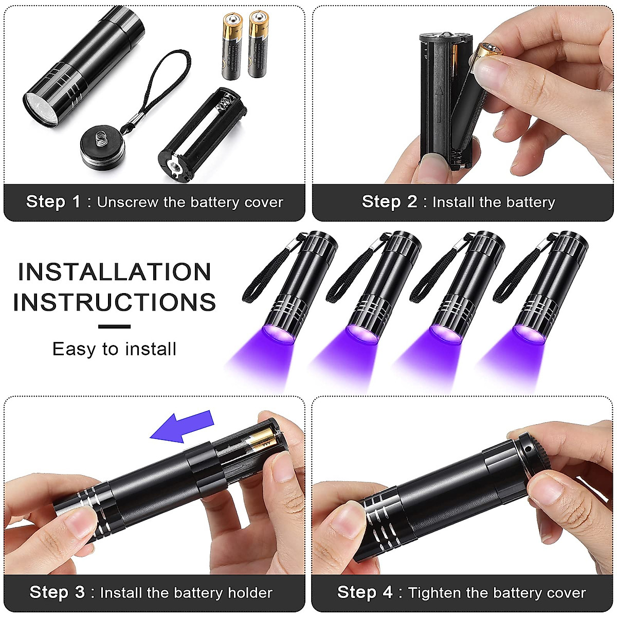 Riakrum 12 Pieces Blacklight Flashlights LED UV Handheld Mini Black Light Flashlight Small Portable UV Light Detector UV Flashlight 395nm 9 LED Light, Not Included Battery (Black)