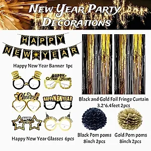 Enanal New Year Decoration, 2024 New Year Eve Black and Gold Foil Fringe Backdrop,Happy New Year Banner,Disco Ball Champagne Exploding Star Foil Balloons,Latex Balloons and Glasses