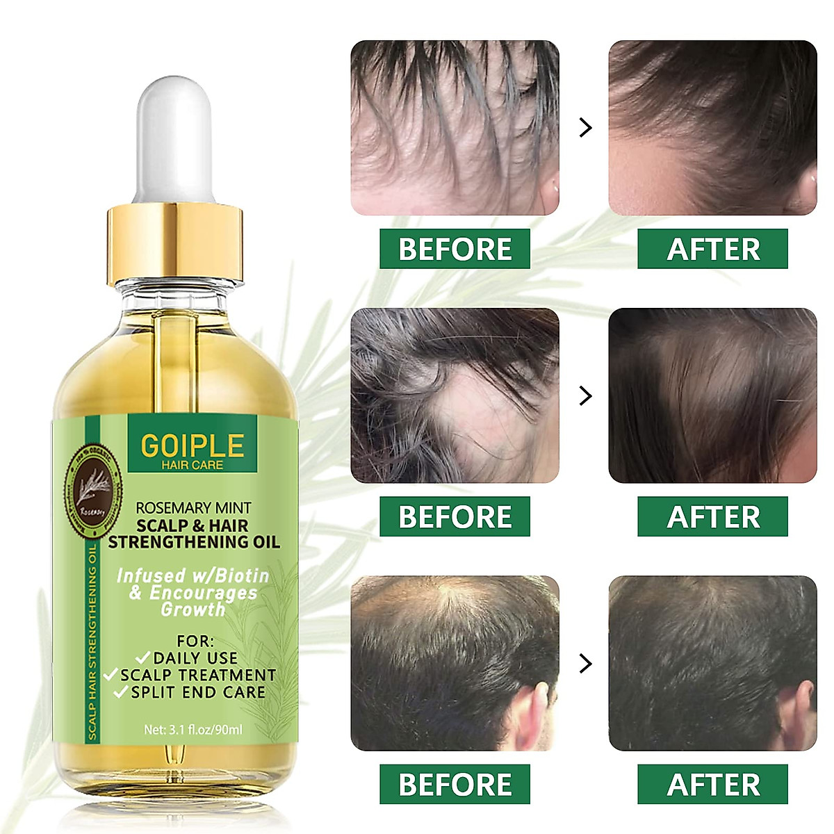 Organic Rosemary Oil For Hair Growth 3.1 FL OZ, Pure Natural Scalp Hair Growth Oil With Essential Oils, Rosemary Hair Oil Nourishing Treatment For Split Ends, Dry Scalp, Hair Growth