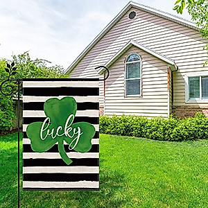 AnyDesign St. Patrick's Day Garden Flag Double-Sided Lucky Shamrock Yard Flag Rustic White Black Stripe Farmhouse Shamrock Outdoor Decoration for Irish Holiday, 12.5 x 18 Inch
