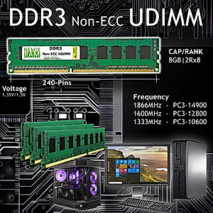 NEMIX RAM 16GB (2X8GB) DDR3 1600MHZ PC3-12800 2Rx8 1.35V 240-PIN Non-ECC UDIMM Unbuffered Desktop Memory KIT